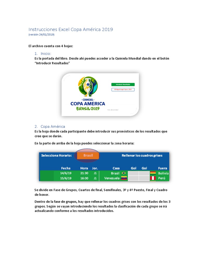 Instrucciones Excel Copa America 2019 | PDF | Asociación de Futbol ...