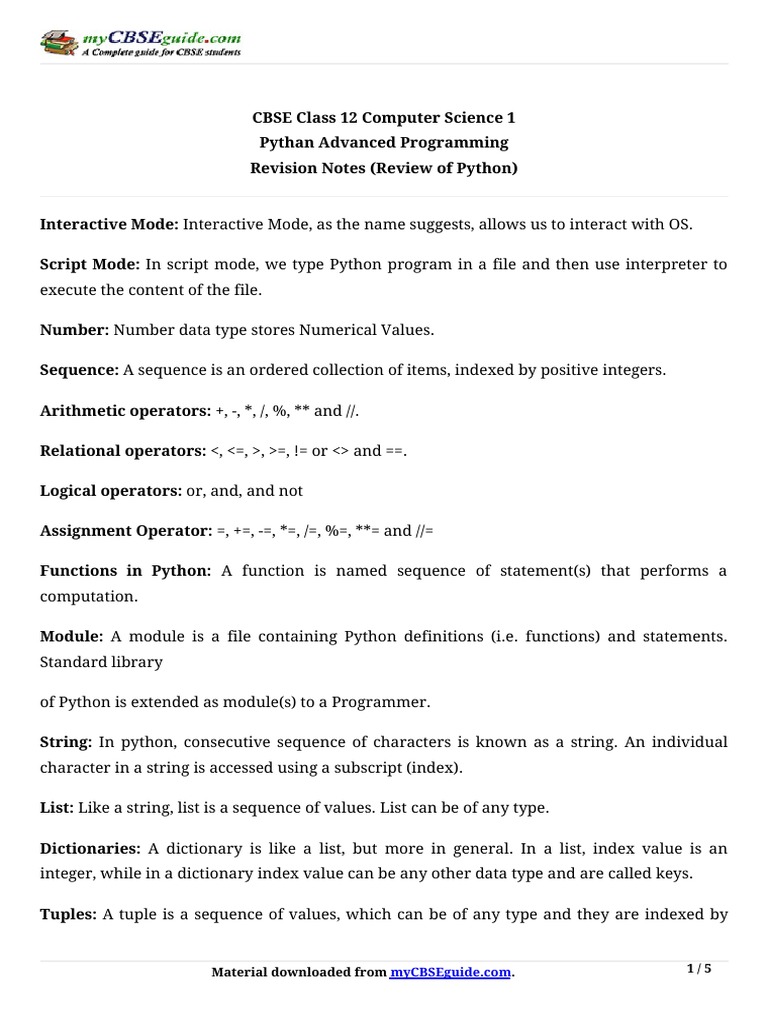 12 Comp Sci 1 Revision Notes Pythan Advanced Prog | PDF | Inheritance ...
