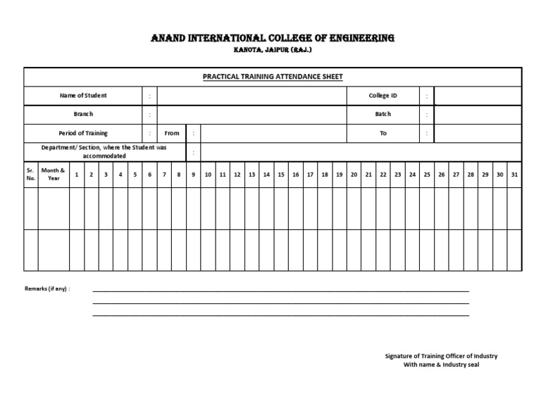 Attendance Format - Internship PDF | PDF