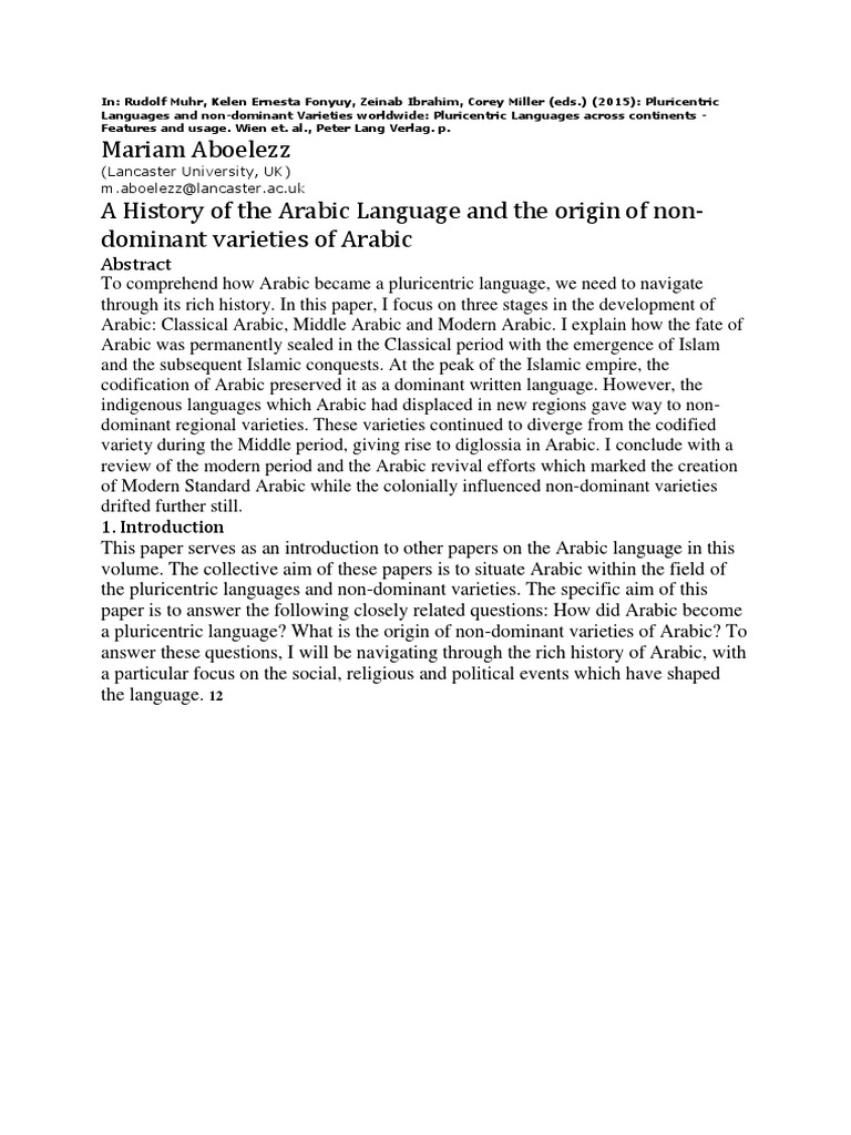 A History of The Arabic Language and The Origin of Non-Dominant ...