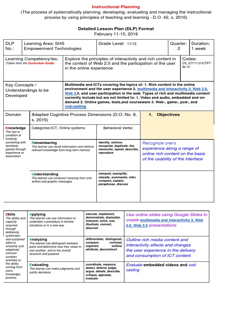 Detailed Lesson Plan (DLP) Format: Multimedia and Interactivity 3. Web ...