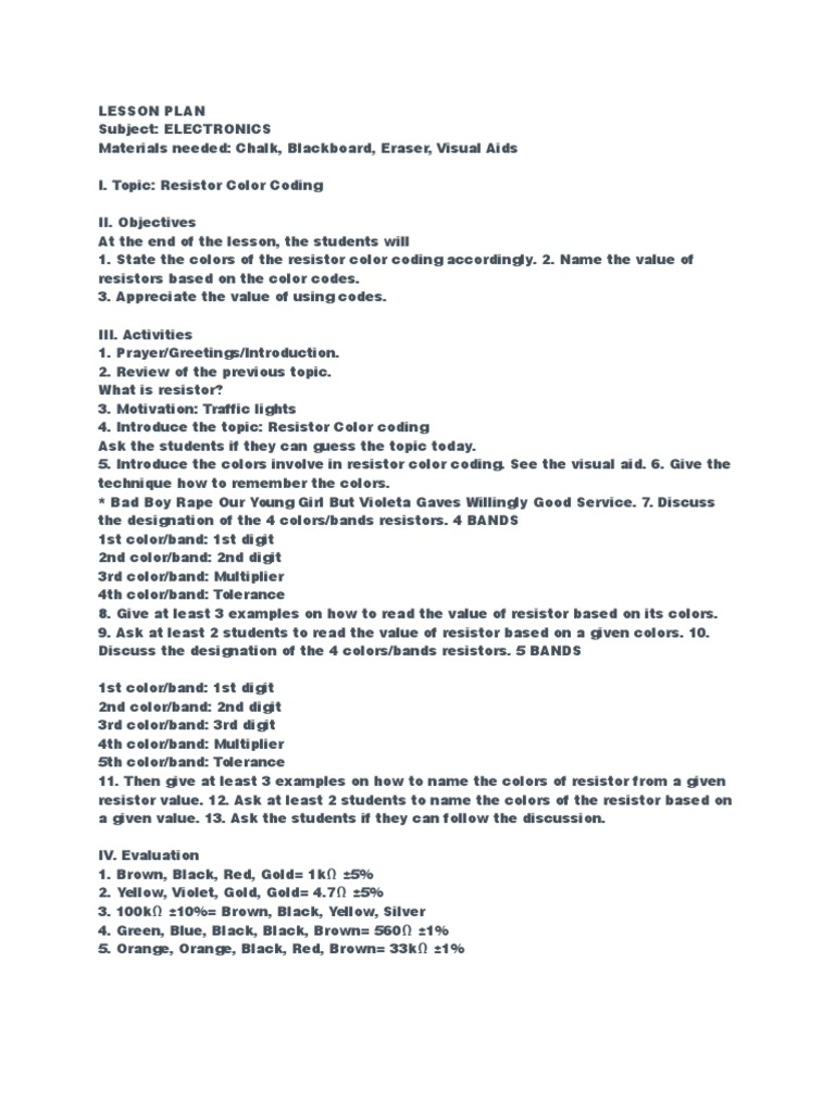 Resistor Color Coding Lesson Plan | PDF | Resistor | Color