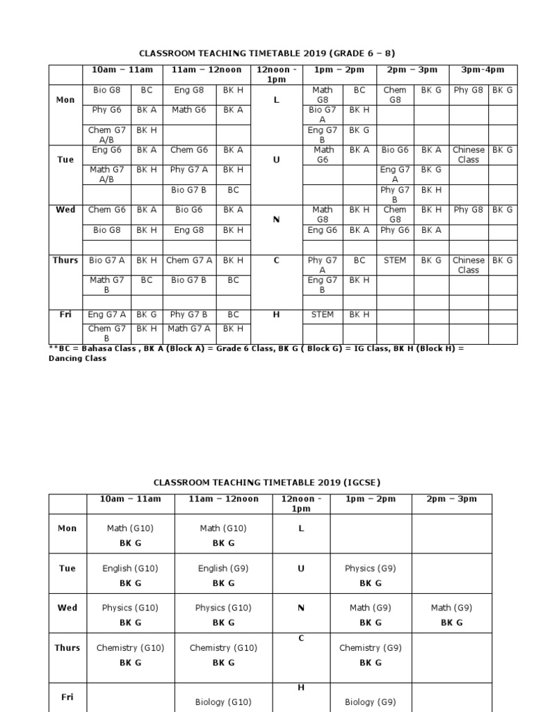 Classroom Teaching Timetable 2019 (Grade 6 - 8) 10am - 11am 11am ...