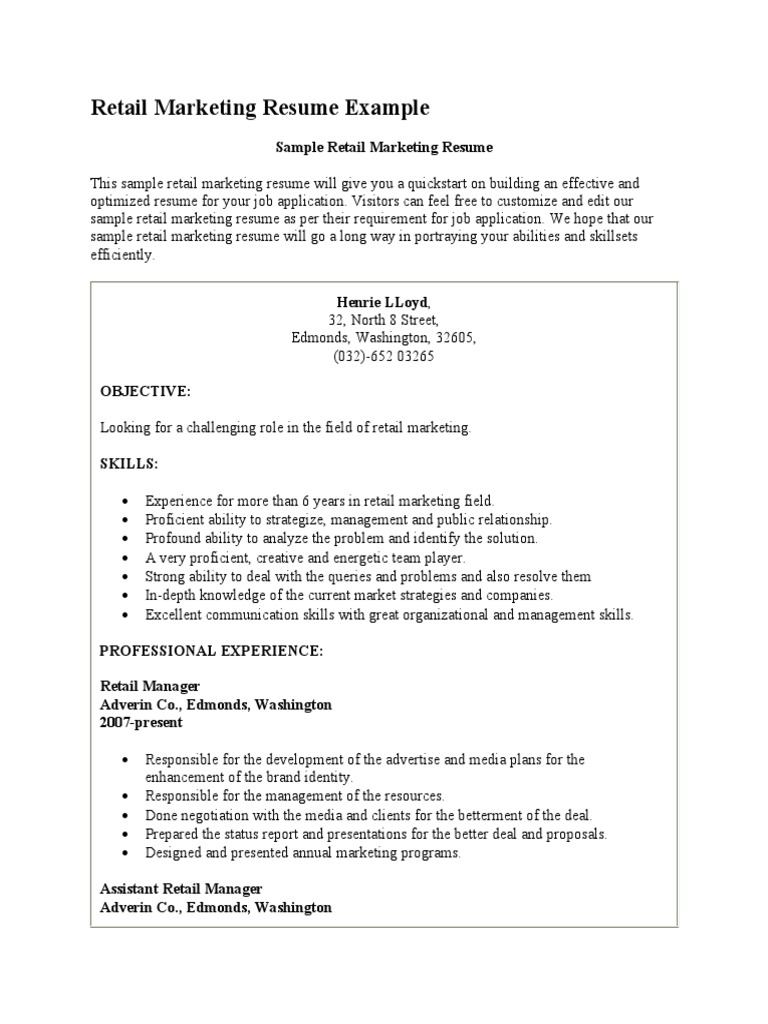 Sample Retail Marketing Resume | PDF | Career & Growth