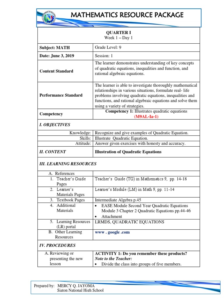Mathematics Resource Package: Quarter I | Download Free PDF | Variable ...