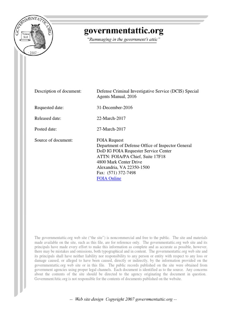 DCIS Special Agent Manual | PDF | Classified Information In The United ...