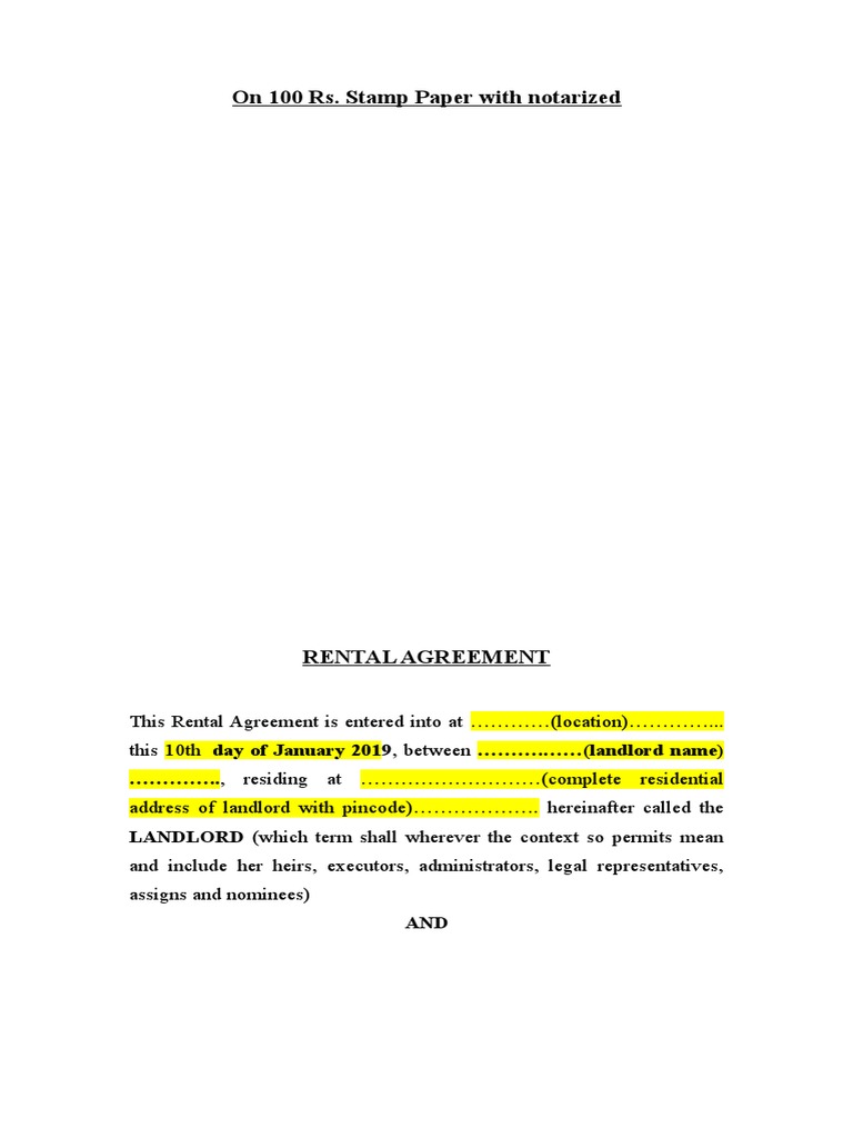 On 100 Rs. Stamp Paper With Notarized: This Rental Agreement Is Entered ...