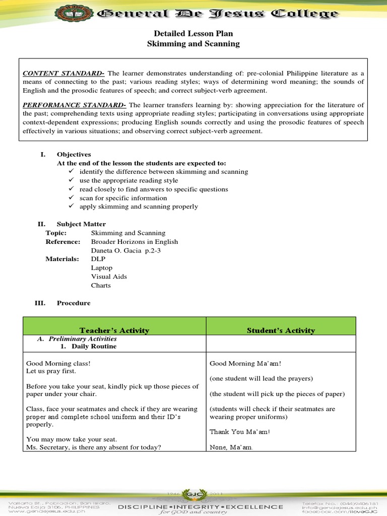 Detailed Lesson Plan Skimming Scanning | PDF | Speed Reading | Lesson Plan