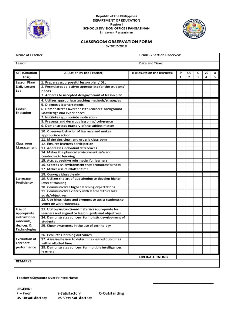 Classroom Observation Form: Department of Education Schools Division ...