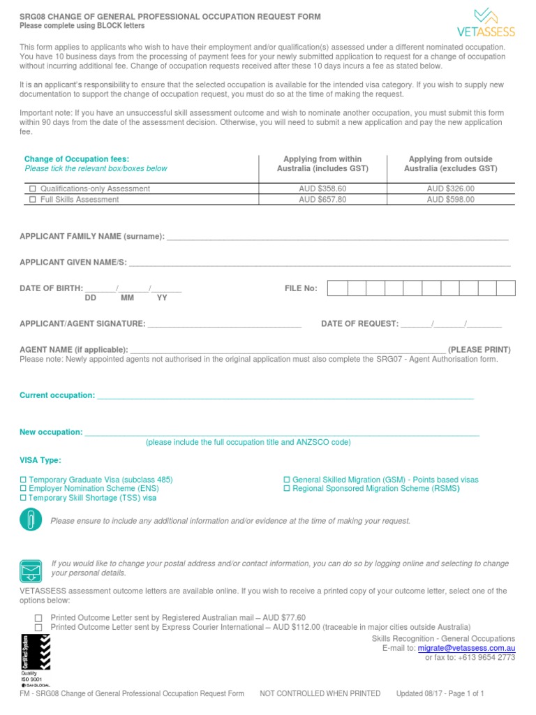 SRG 08 Vetassess Occupation Change Request Form | PDF | Visa Inc ...