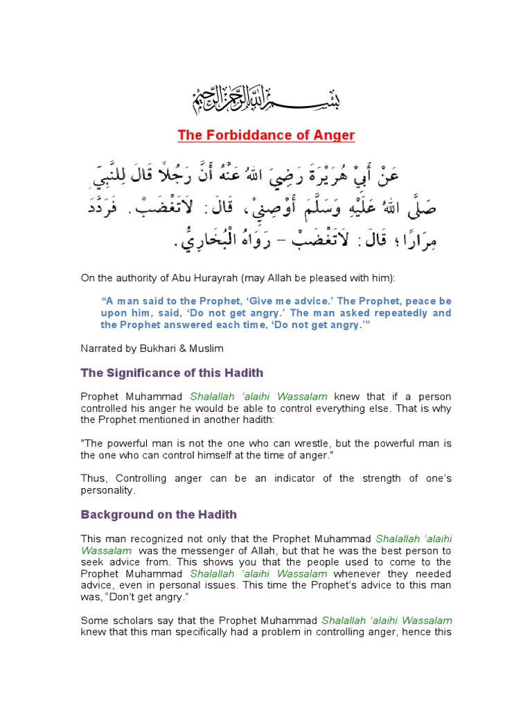 Forbidance of Anger | PDF | Hadith | Anger