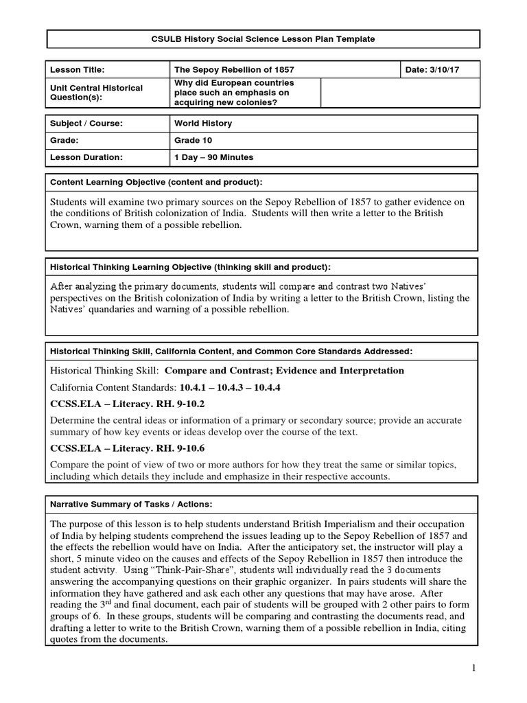 Sepoy Rebellion Lesson Plan | PDF | Indian Rebellion Of 1857 | Lesson Plan