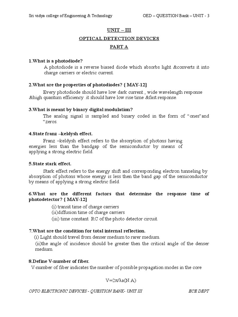 Sri Vidya College of Engineering & Technology Oed - Question Bank - Unit - 3 | PDF | Diode | Photon