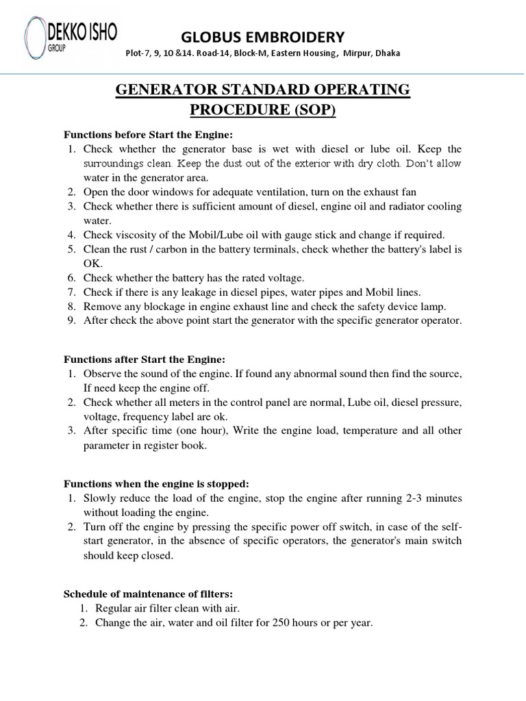 Standard Operating System For Generator | PDF | Motor Oil | Diesel Engine