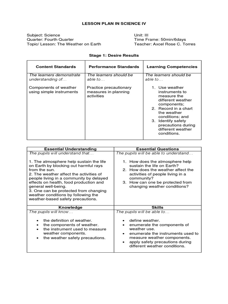 Lesson Plan in Science IV (Weather On Earth PT - Kcis) | PDF | Cloud ...