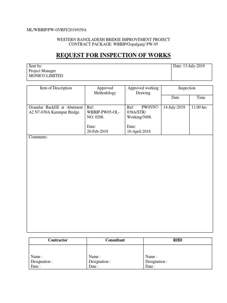 Request For Inspection of Works: Contractor Consultant RHD | PDF ...