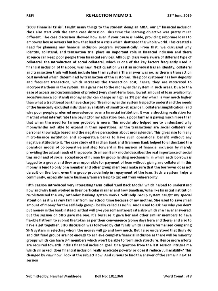 1st Reflection Memo | PDF | Loans | Microfinance