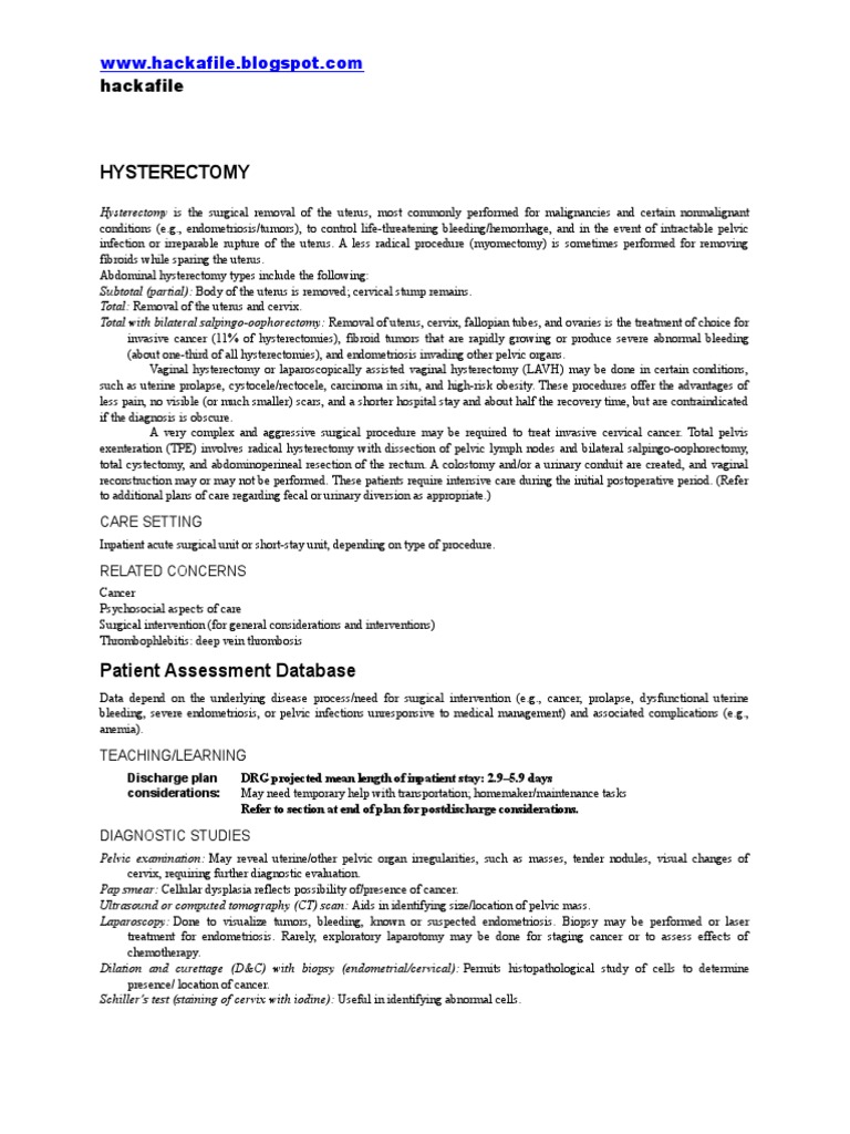 Nursing Care Plan For Hysterectomy | PDF | Cervical Cancer | Hormone ...