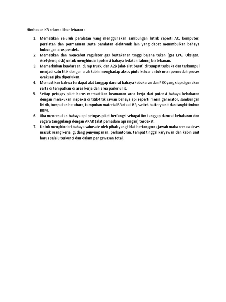 Himbauan K3 Selama Libur Lebaran | PDF