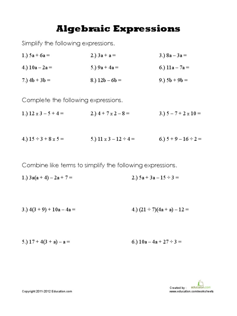 Algebraic Expressions Worksheet | PDF | Teaching Methods & Materials