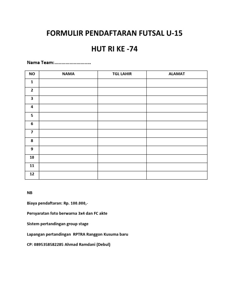 Formulir Pendaftaran Futsal U-15 | PDF