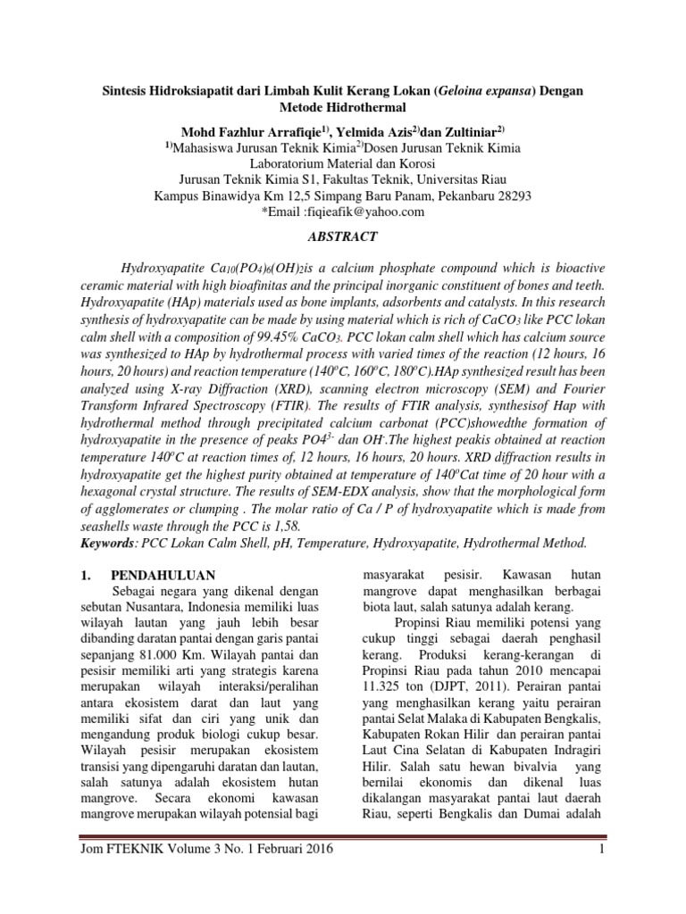 Synthesis of Hydroxyapatite from Geloina expansa Shell Waste Using the ...