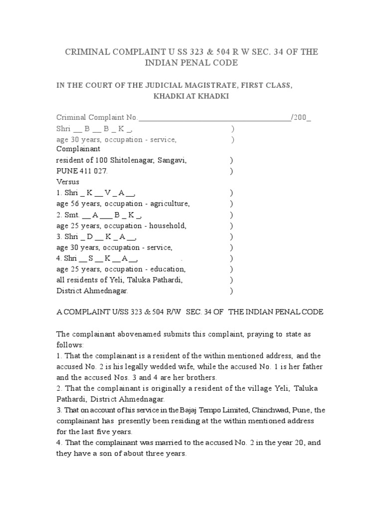 Criminal Complaint U Ss 323 & 504 R W Sec. 34 of The Indian Penal Code ...