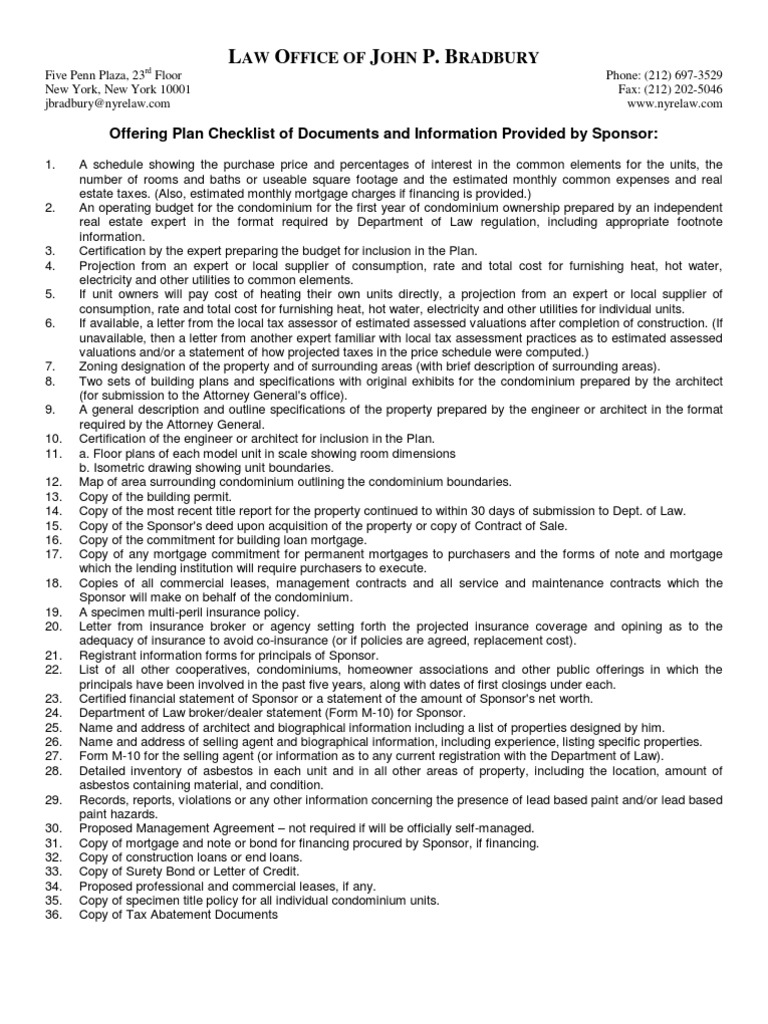 Condo Offering Plan Document Checklist | PDF | Condominium | Eviction