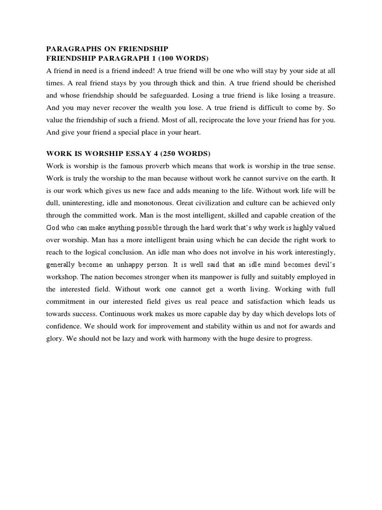 Paragraphs On Friendship Friendship Paragraph 1 (100 Words) | PDF