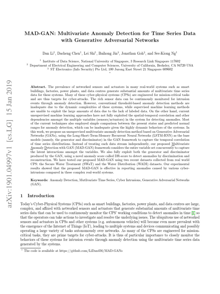 MAD-GAN: Multivariate Anomaly Detection For Time Series Data With ...