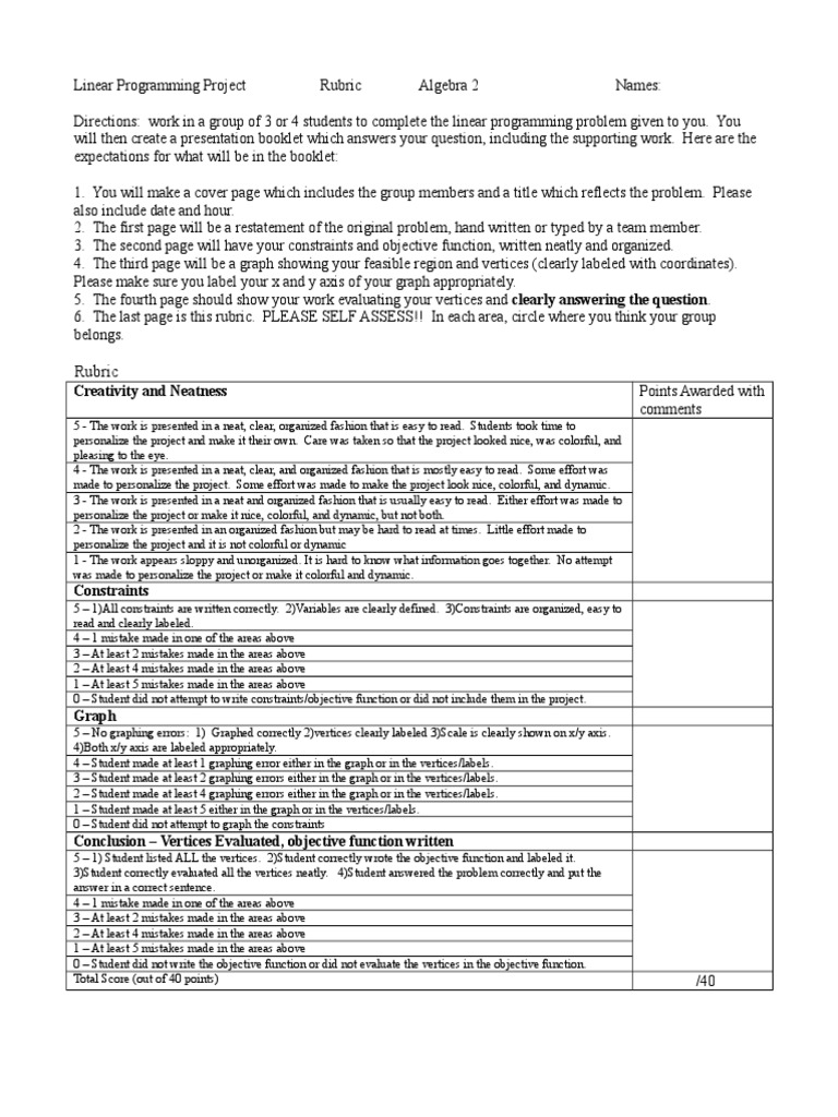 Linear Programming ProjectRubric | PDF | Vertex (Graph Theory) | Linear Programming