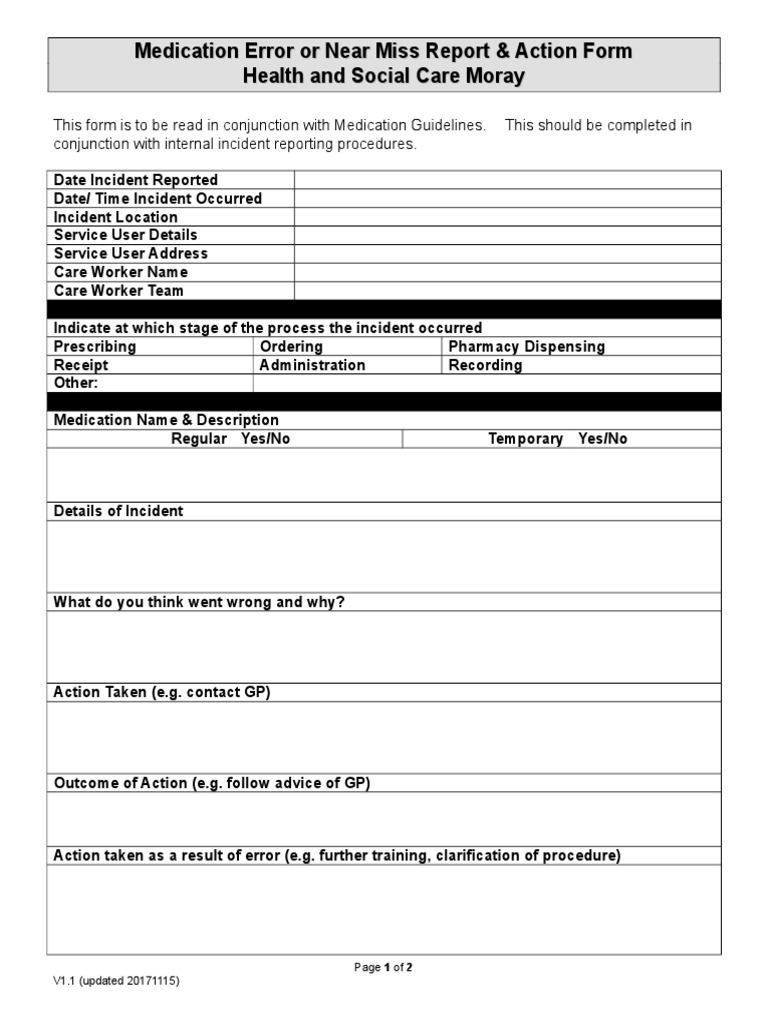 Medication Error or Near Miss Report & Action Form Health and Social ...