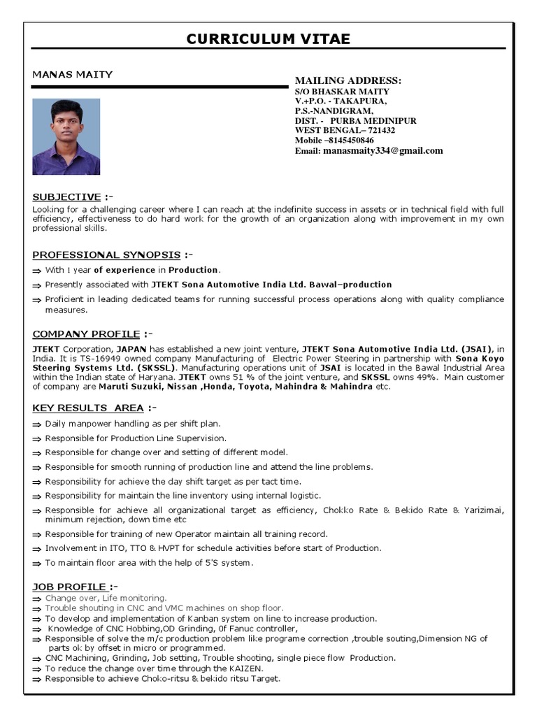 New1.1 Experience CV Manas Maity | PDF | Production And Manufacturing | Economic Sectors