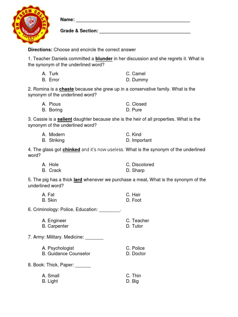 Synonym and Grammar Quiz for Students | PDF