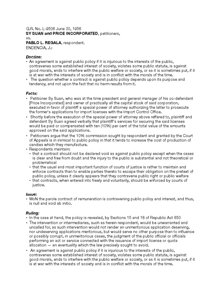 Sy Suan V Regalla (1956) | PDF | Public Policy Doctrine | Virtue