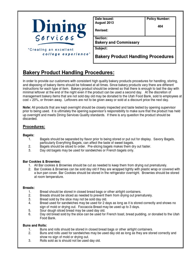 Bakery Product Handling Guidelines | PDF | Sandwich | Cakes