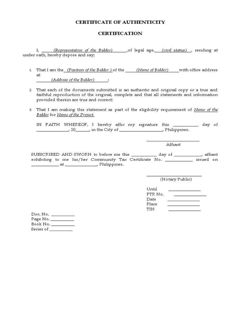 Certificate of Authenticity Template | PDF | Affidavit | Notary Public