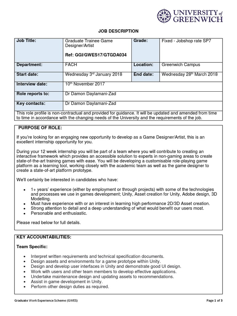 Graduate Trainee Game Designer Role | PDF | Video Game Development ...