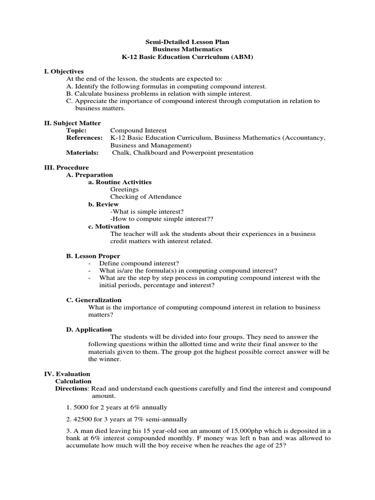 Final Lesson Plan - Busness Math | PDF | Compound Interest | Interest
