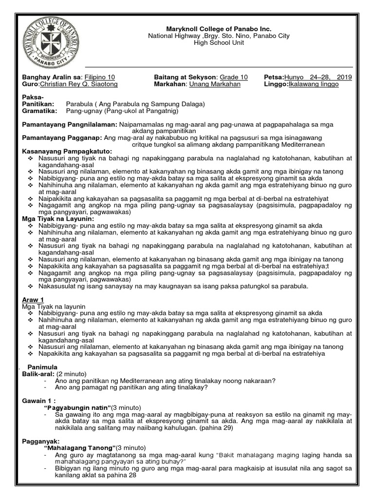 Lesson Plan-Ang Parabula NG Sampung Dalaga
