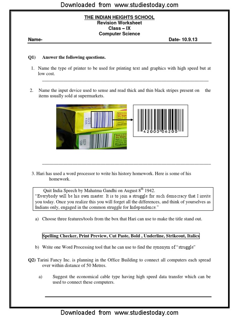 CBSE Class 9 Computer Science Worksheet (1) - 0 | PDF | Computer ...