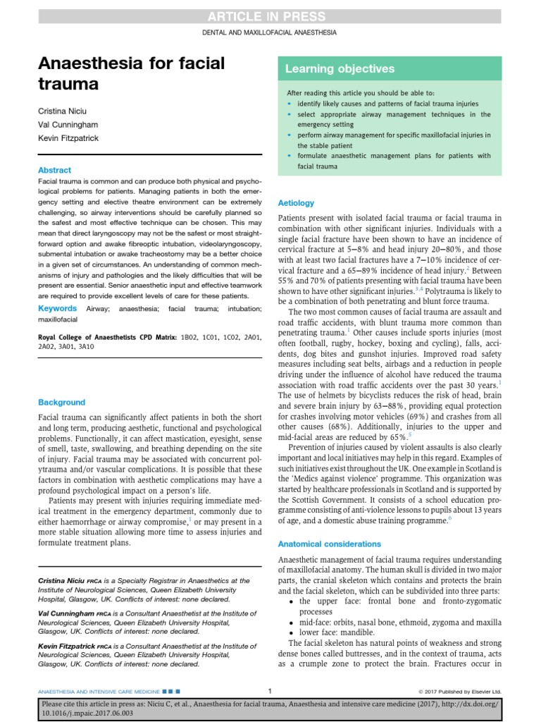 Anestesia para Trauma Facial | PDF | Human Head And Neck | Traumatology