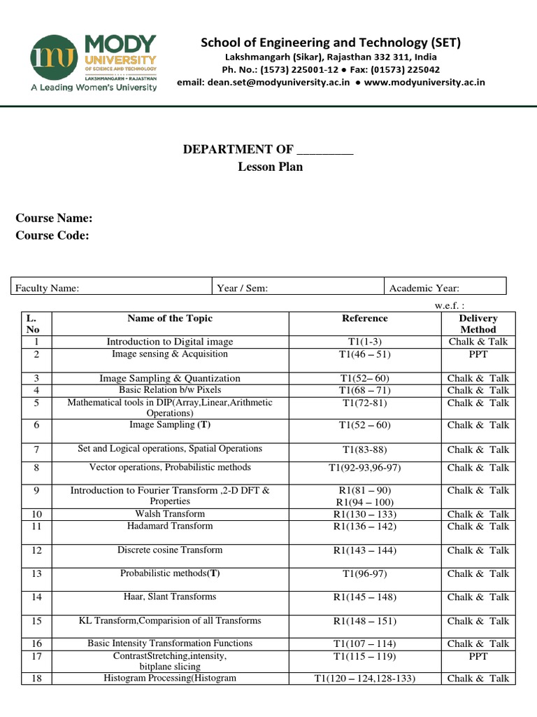 Digital Image Processing Lesson Plan | PDF | Data Compression | Image Segmentation