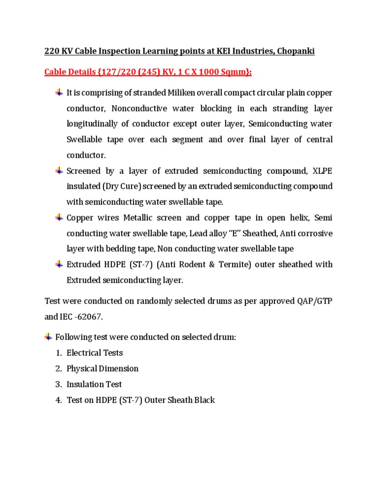 220 KV Cable Inspection Report | PDF | Electrical Resistivity And ...