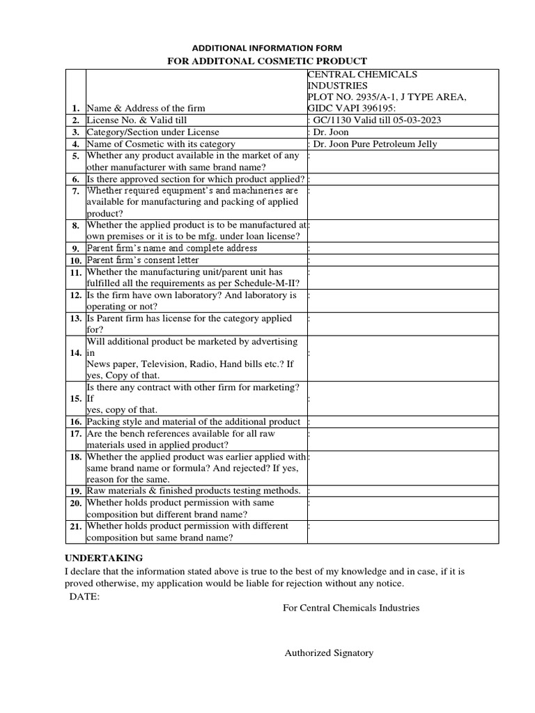 Additional Information Form For Additonal Cosmetic Product | PDF ...