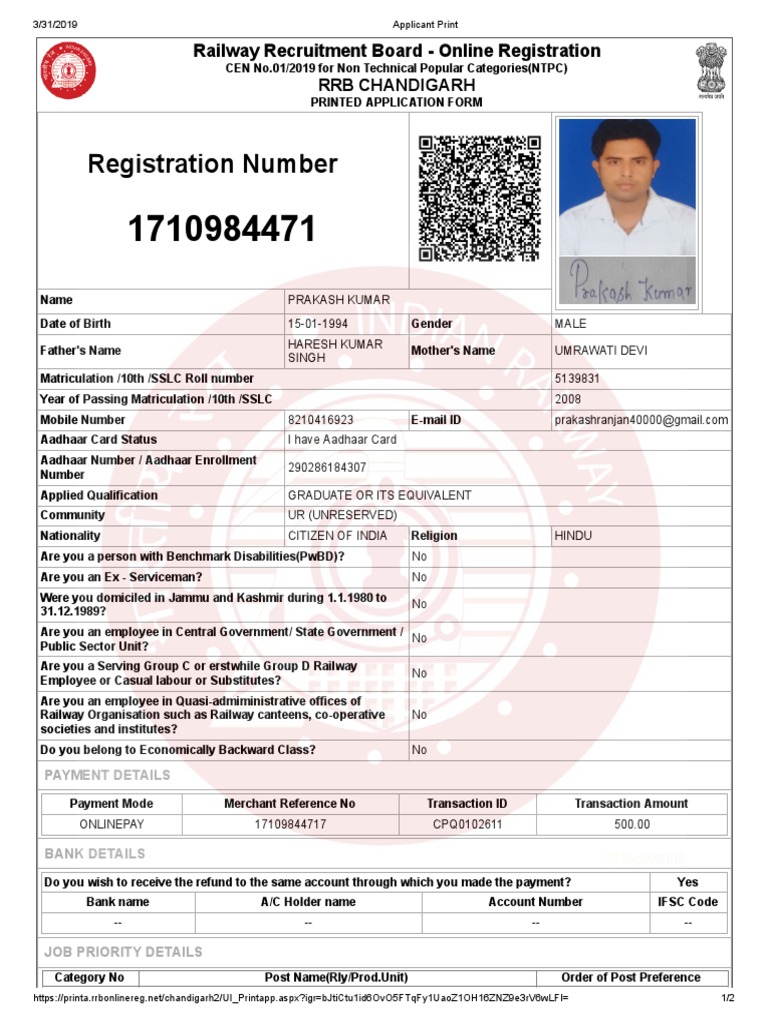 Registration Number: Railway Recruitment Board - Online Registration ...
