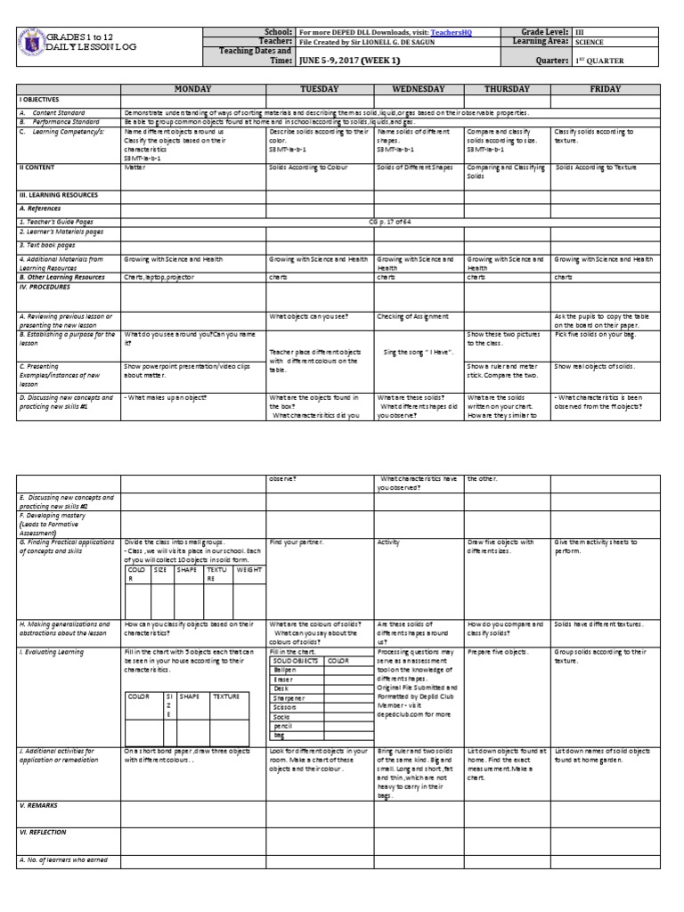 Grade 3 DLL Science 3 q1 Week 1 | PDF | Teaching | Learning