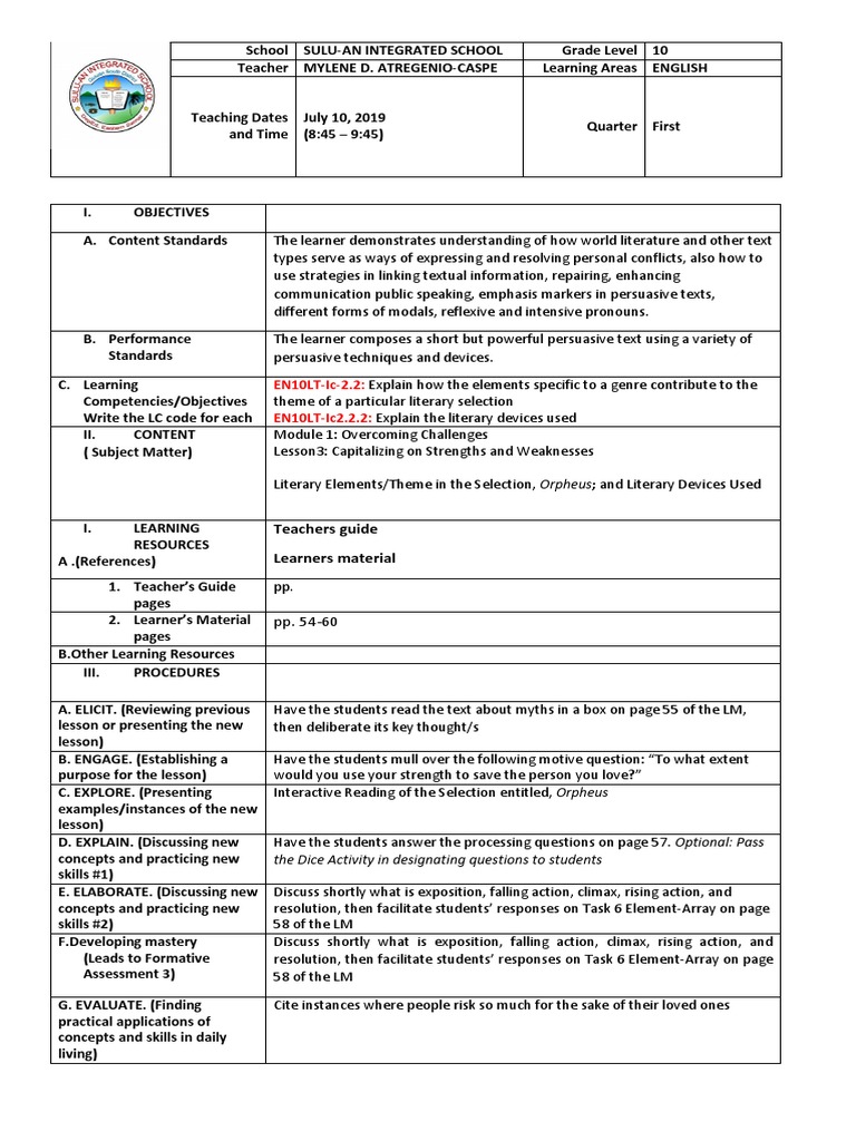 Grade 10 English Daily Lesson Log | PDF | Learning | English Language