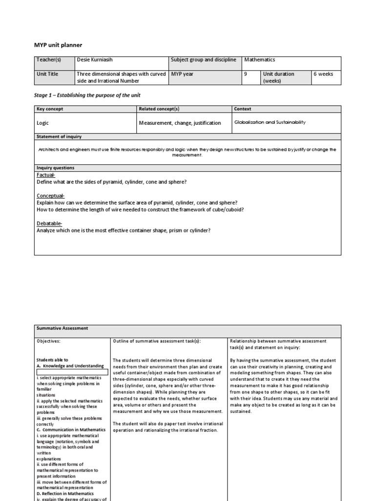 MYP Math Unit: 3D Shapes & Irrational Numbers | PDF | Area | Volume