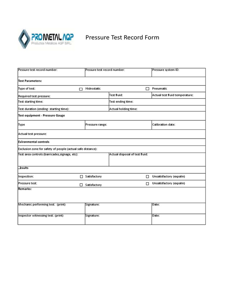 Pressure Test Record Form | PDF
